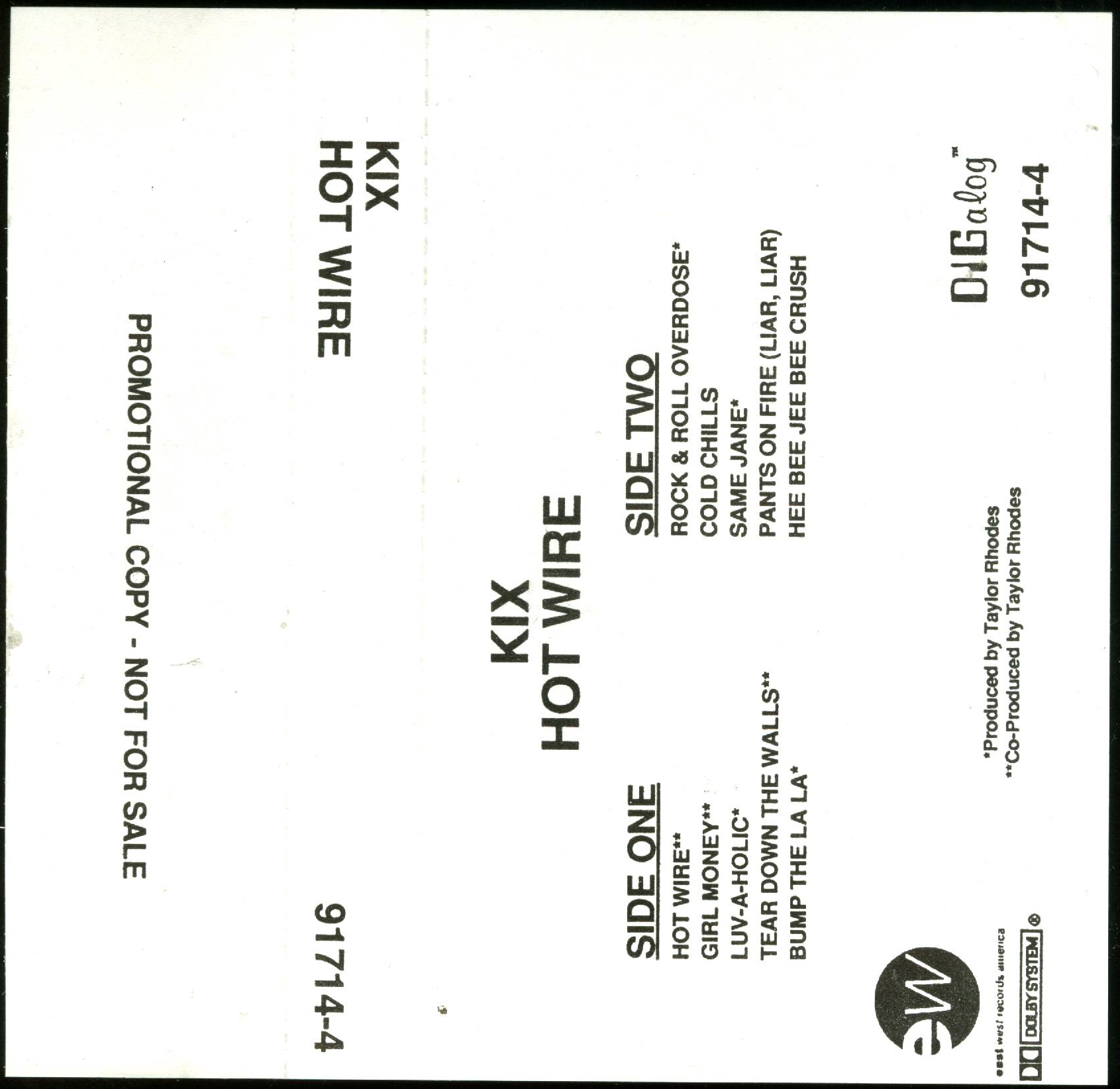 Kix Hot Wire USA Promo Cassette Black & White Cover