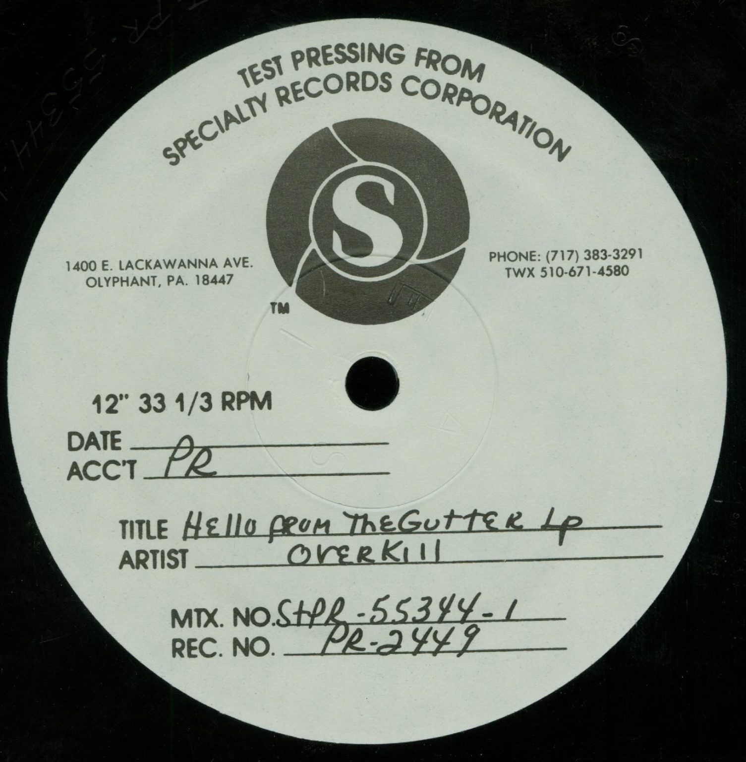 Overkill Hello From The Gutter Test Pressing